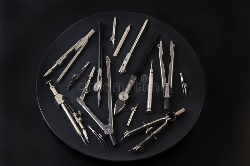 Set of Old Different Compasses. Retro Metal Compasses and Drafting ...