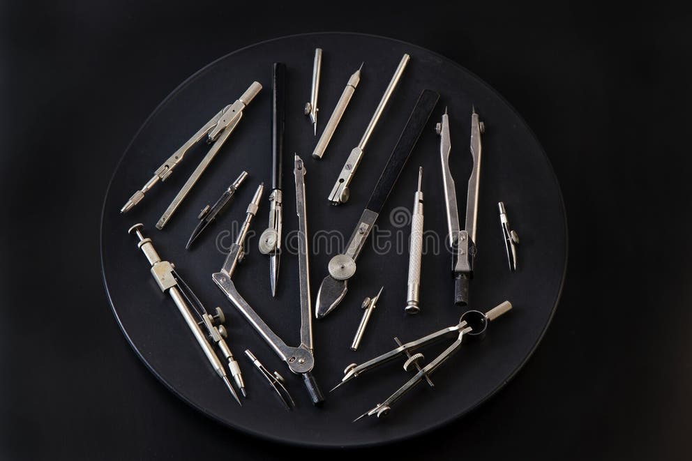 Set of Old Different Compasses. Retro Metal Compasses and Drafting ...