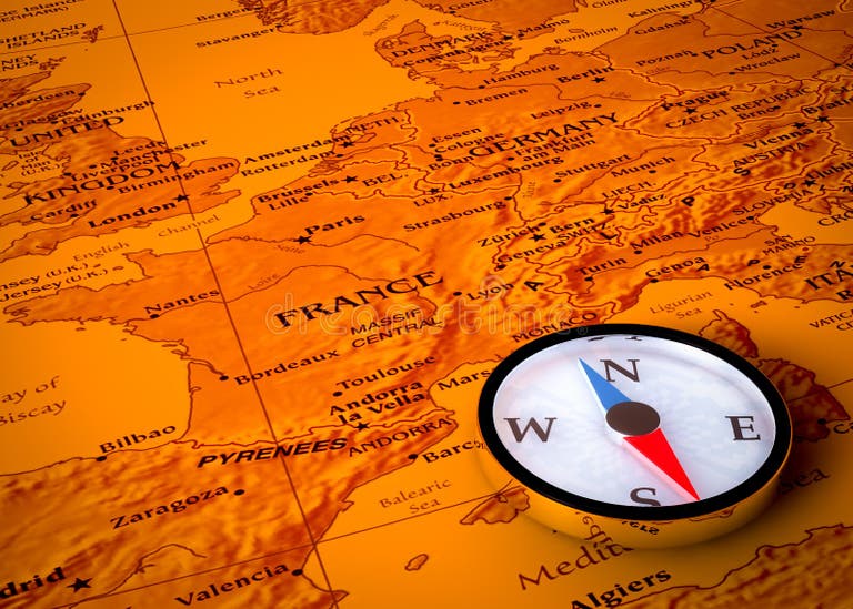 Compass on European map stock illustration. Illustration of point ...