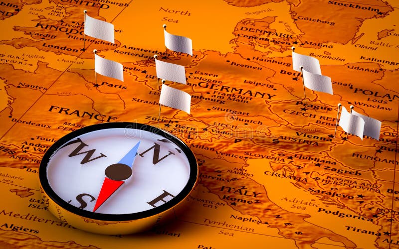 Compass on European Map with Flags Stock Illustration - Illustration of ...