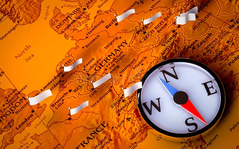 Compass on European Map with Flags Stock Illustration - Illustration of ...