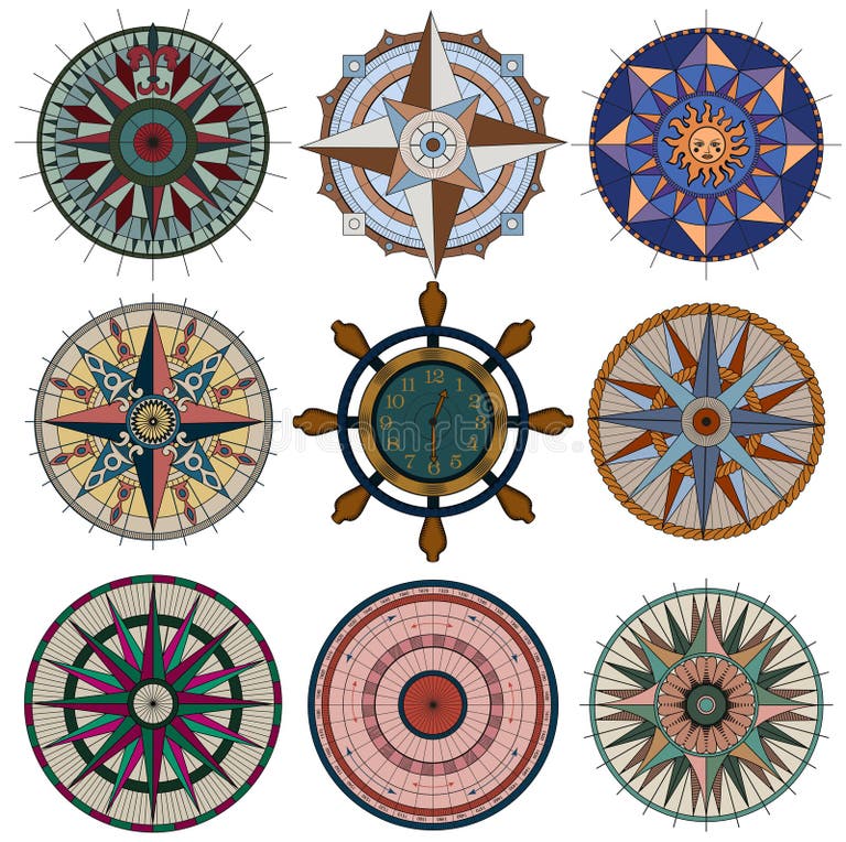 Design Vector Set Withcolorful Old Compasses or Rose Winds with ...