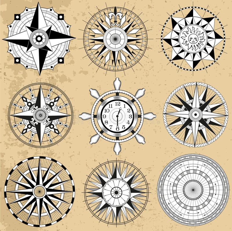 Design Vector Set with Line Art Old Compasses or Rose Winds with ...