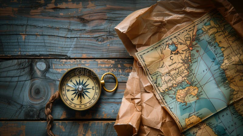 A Compass and a Folded Map on a Wooden Table Stock Illustration ...