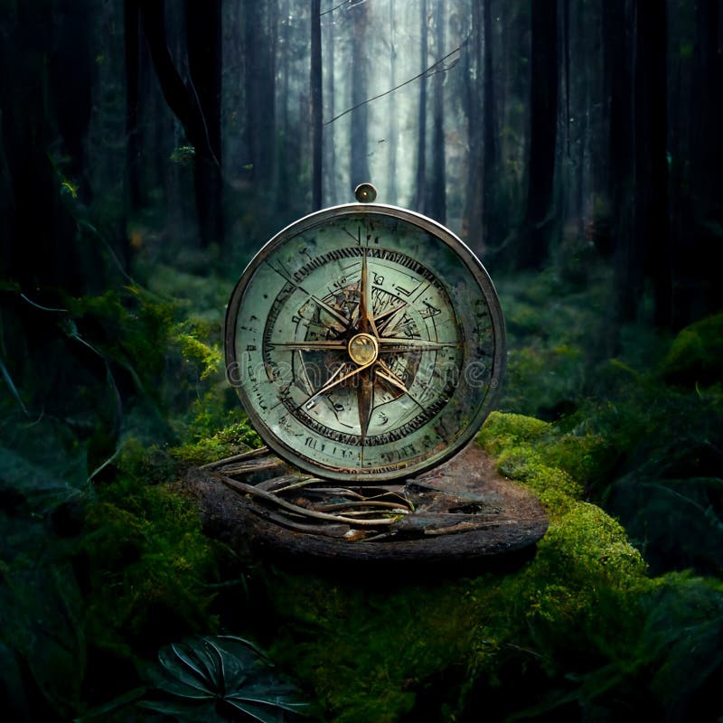 Compass in the Forest, Against the Background of Moss and Tree Leaves ...