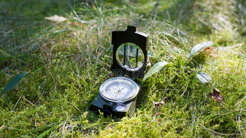Compass in the forest stock image. Image of assistant - 126959755