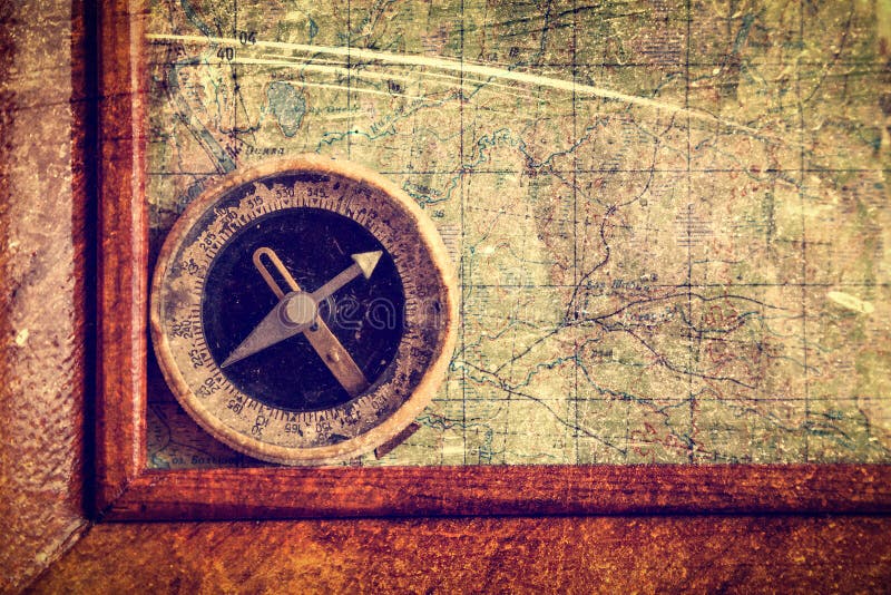 Compass and Frame on the Map. Stock Image - Image of desk, collection ...