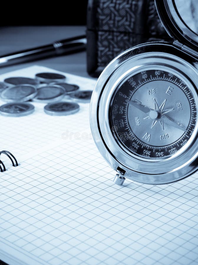 Compass, Gold Coin and Pen on Notebook Stock Image - Image of education ...