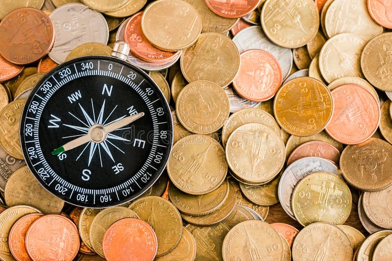 Compass on Gold Coins, Business Concept Stock Image - Image of cash ...