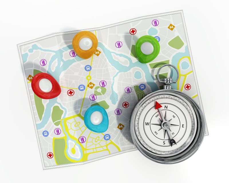 Compass and GPS Markers Standing on Navigation Map. 3D Illustration ...