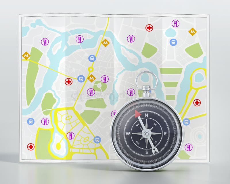 Compass and GPS Navigation Map with Symbols. 3D Illustration Stock ...