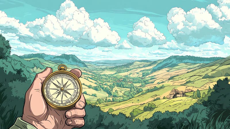 Compass Guiding Hand Illustration, Rolling Hills Landscape Stock Image ...