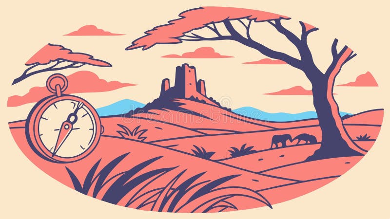 Compass on Hilltop Overlooking Ancient Desert Ruins, Vector Design ...