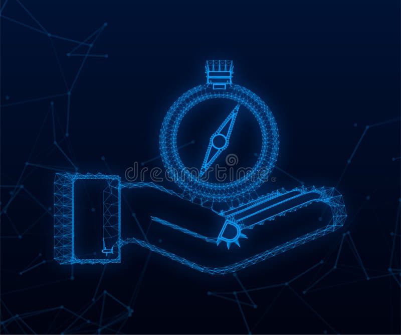Compass Icon Over Hands on Blue Background. Plexus Vector Navigation ...