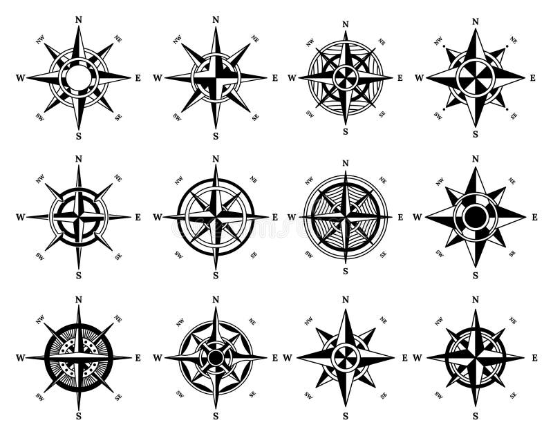 Compass Icon Set. Hand Drawn Wind Rose. Old Vector Design Element for ...