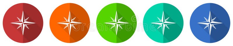 Compass Icon Set, Red, Blue, Green and Orange Flat Design Web Buttons ...