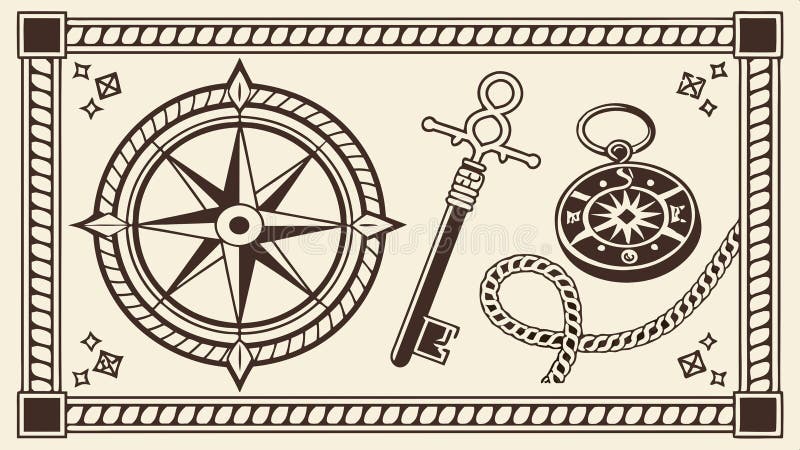 Compass and Key Border, Navigation and Guidance Theme Vector Design ...