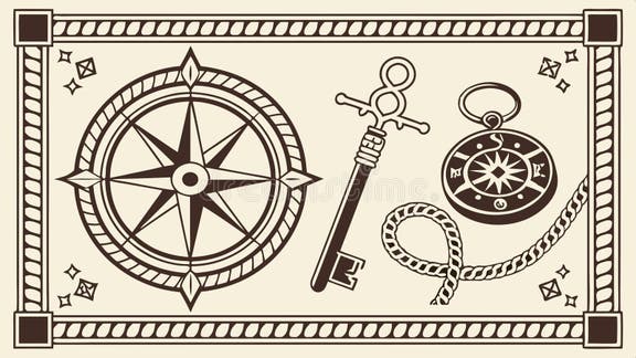Compass and Key Border, Navigation and Guidance Theme Vector Design ...