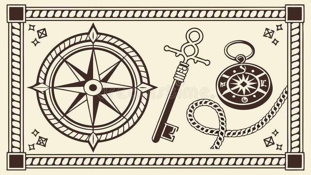 Compass and Key Border, Navigation and Guidance Theme Vector Design ...