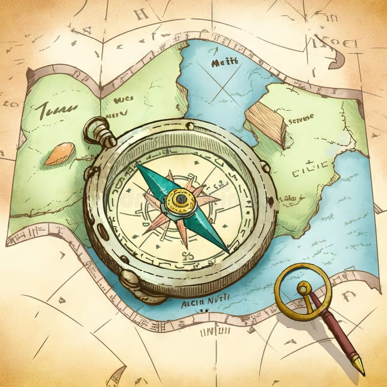 A Compass and a Key on a Map with a Keychain on it and a Keychain in the Middle Stock ...