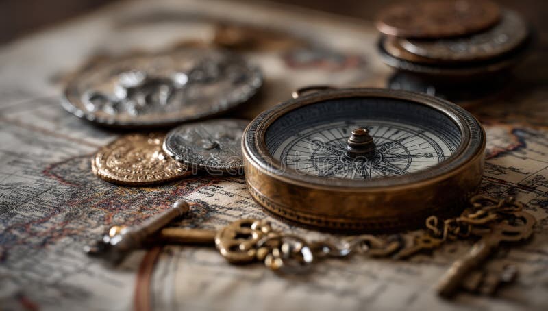 A Compass, a Key, and Some Coins are Placed on a Maps Surface Stock ...