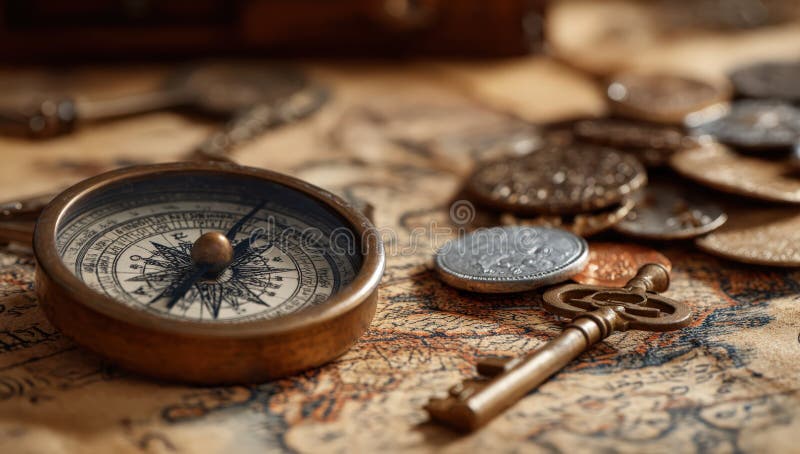 A Compass, a Key, and Some Coins are Placed on a Maps Surface Stock ...