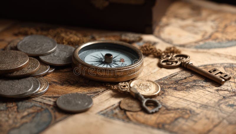 A Compass, a Key, and Some Coins are Placed on a Maps Surface Stock ...