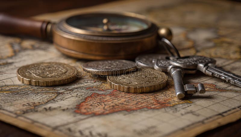 A Compass, a Key, and Some Coins are Placed on a Maps Surface Stock ...