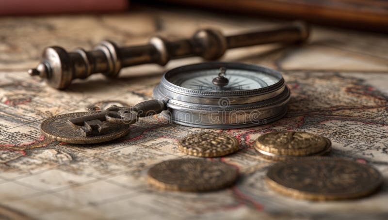 A Compass, a Key, and Some Coins are Placed on a Maps Surface Stock ...