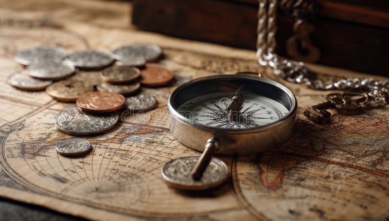 A Compass, a Key, and Some Coins are Placed on a Maps Surface Stock ...