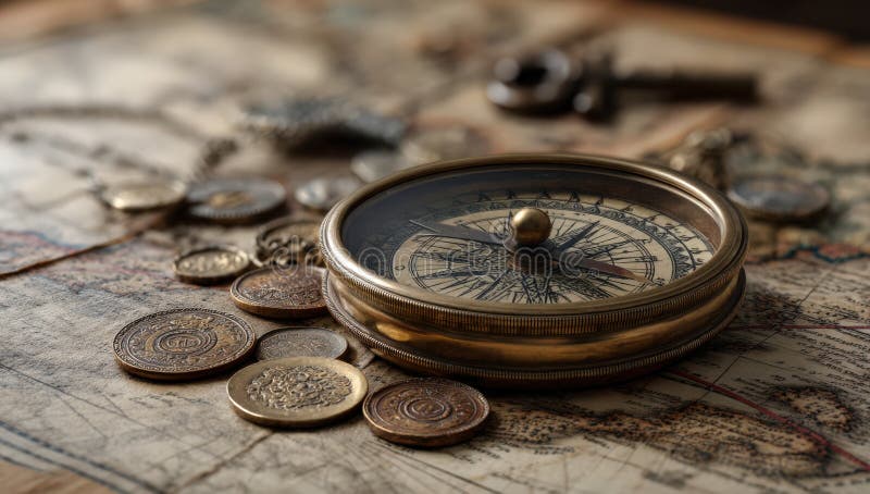 A Compass, a Key, and Some Coins are Placed on a Maps Surface Stock ...