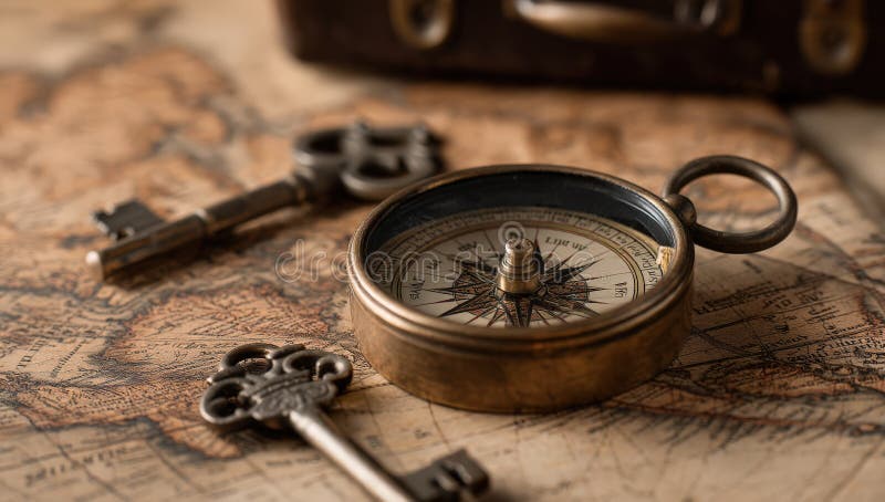 A Compass, a Key, and Some Coins are Placed on a Maps Surface Stock ...