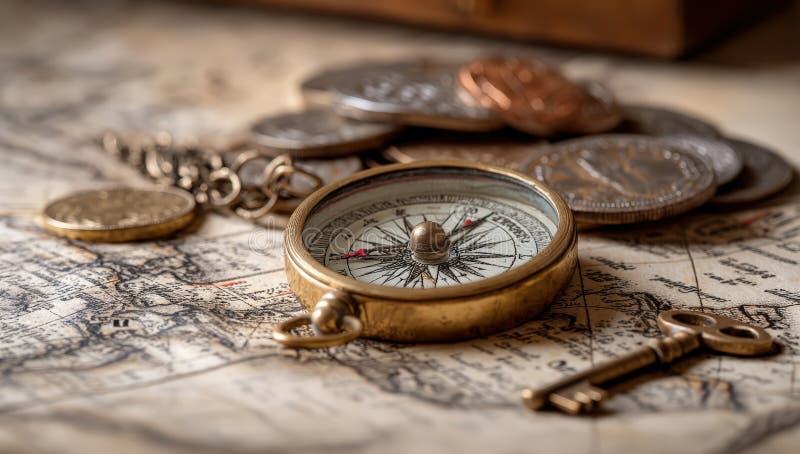 A Compass, a Key, and Some Coins are Placed on a Maps Surface Stock ...