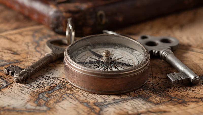 A Compass, a Key, and Some Coins are Placed on a Maps Surface Stock ...