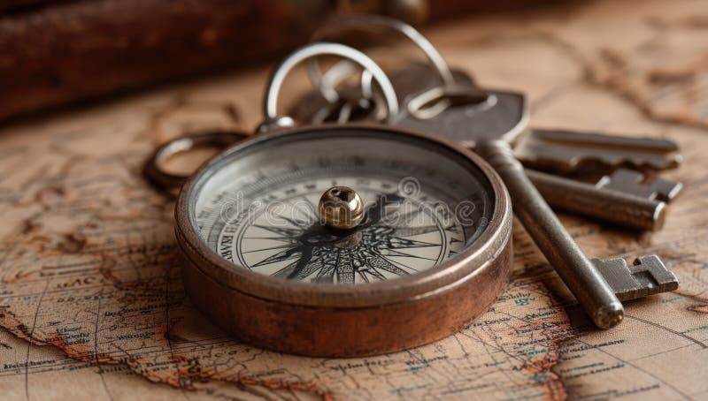 A Compass, a Key, and Some Coins are Placed on a Maps Surface Stock ...
