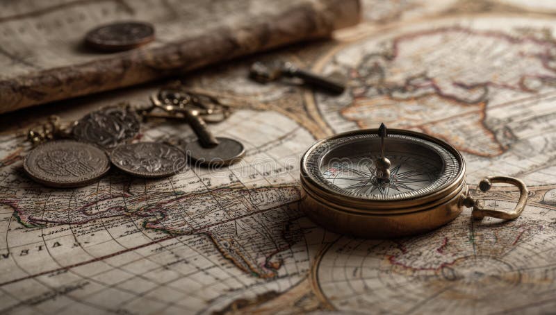 A Compass, a Key, and Some Coins are Placed on a Maps Surface Stock ...
