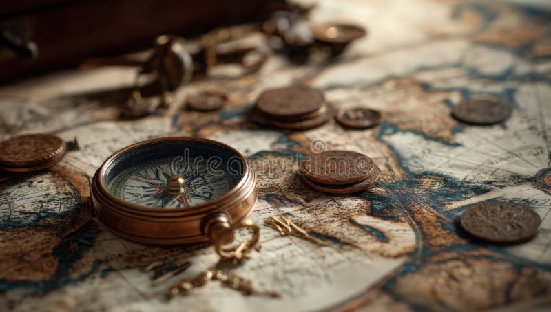 A Compass, a Key, and Some Coins are Placed on a Maps Surface Stock ...