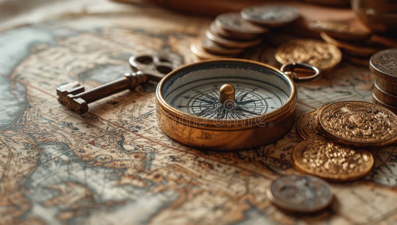 A Compass, a Key, and Some Coins are Placed on a Maps Surface Stock ...