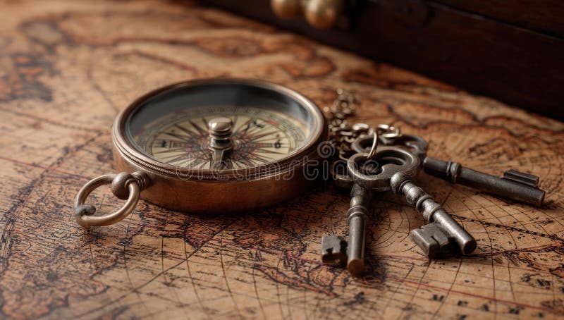 A Compass, a Key, and Some Coins are Placed on a Maps Surface Stock ...