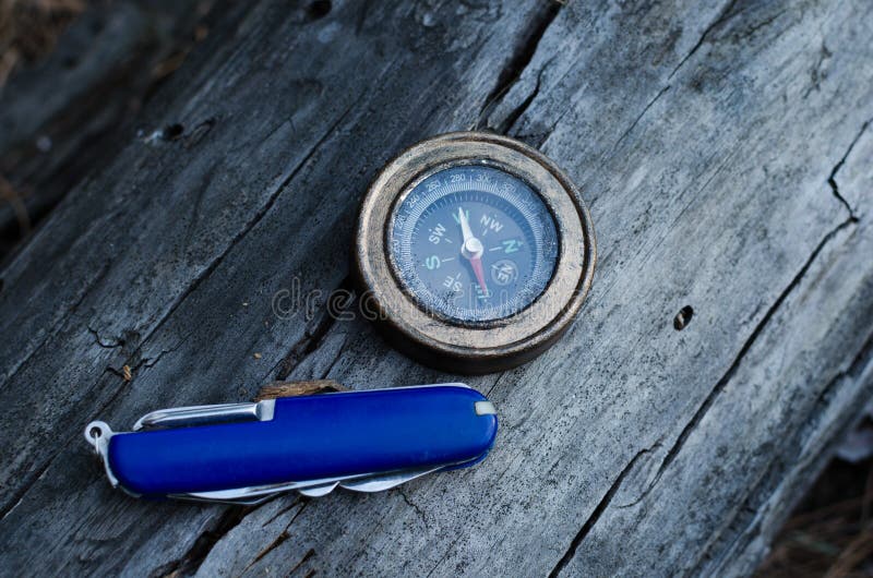 Compass and Knife for Survival in Forest on Log. Stock Photo - Image of ...