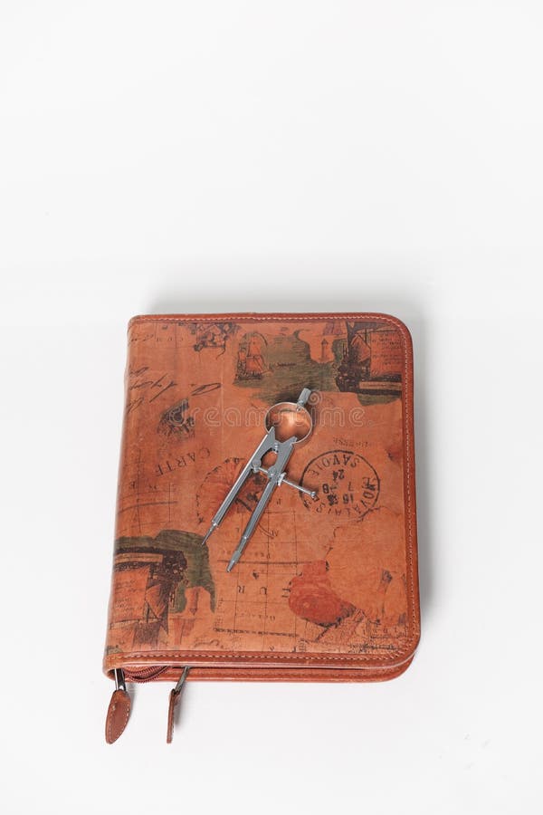 Compass on a Leather Travel Journal. Stock Photo - Image of page, text ...