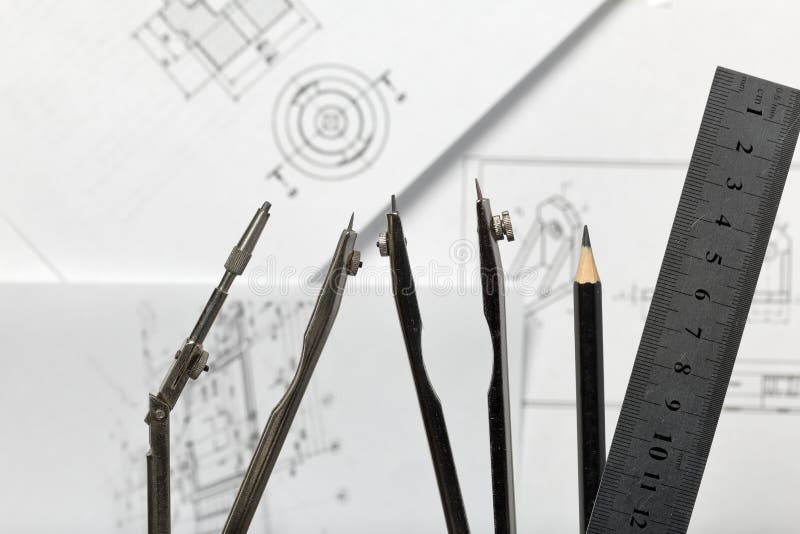 Compass Legs on the Background of the Drawing. Stock Image - Image of ...