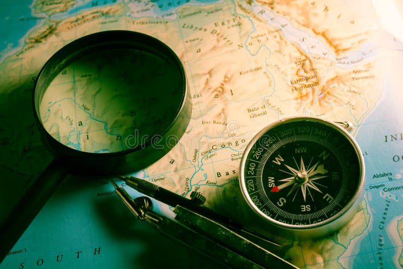 Compass with Magnifier on Map. Stock Photo - Image of direction, object ...