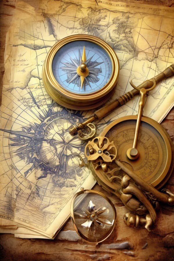 Compass with a Magnifying Glass and Old Map Stock Illustration ...