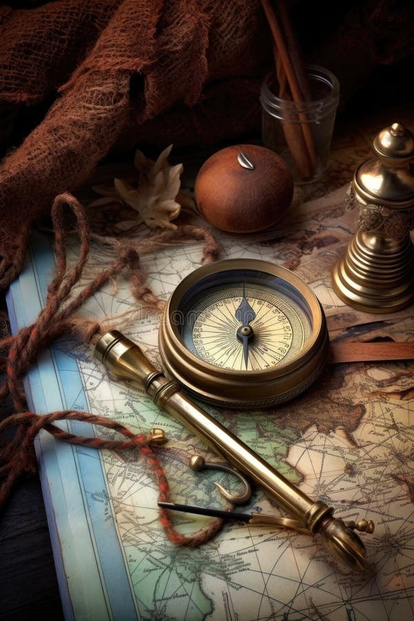 Compass with a Magnifying Glass and Old Map Stock Illustration ...