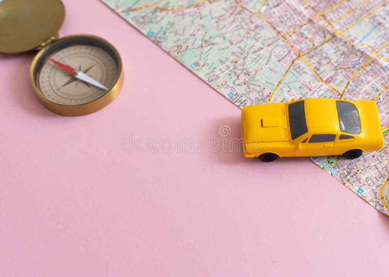 Compass, Map and Car, Car Travel Concept Stock Photo - Image of flat ...