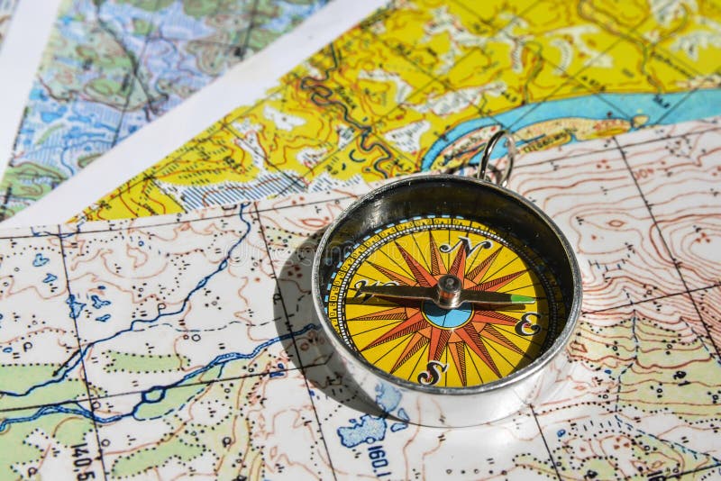 Compass on the map. stock photo. Image of magnetic, compass - 117577854