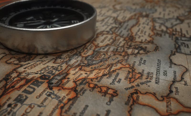 Compass on the Map of Europe. Stock Image - Image of longitude, concept ...