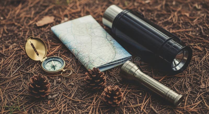 Adventure Essentials: Compass, Map, Flashlight, and Thermos on Forest ...