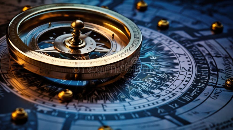 A Compass on a Map with Gold Colored Buttons and Numbers, AI Stock ...